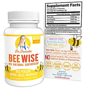 Dr. Danielle's Bee Wise - Bee Pollen Supplement - Bee Well with Royal Jelly, Propolis, Beepollen in 4 Daily Bee Pollen Capsules