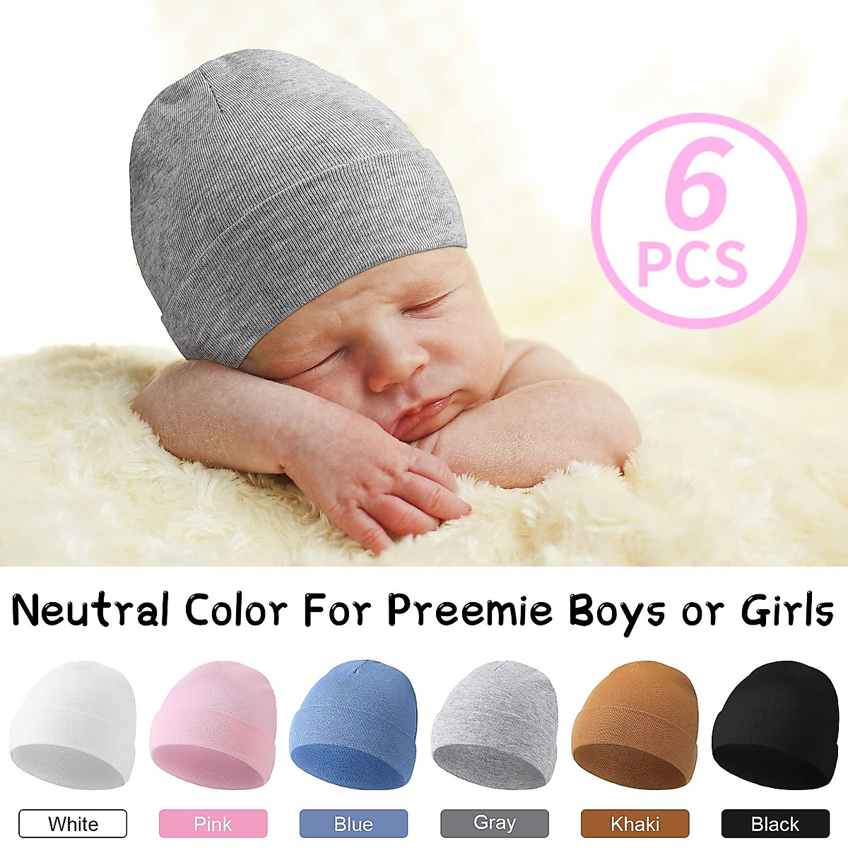 Newcotte 6 Pcs Preemie Baby Hats Cotton Preemie Caps Warm Newborn Beanie Premature Hat for Nicu Premature Boy Girl(Classic Color,Single Style)