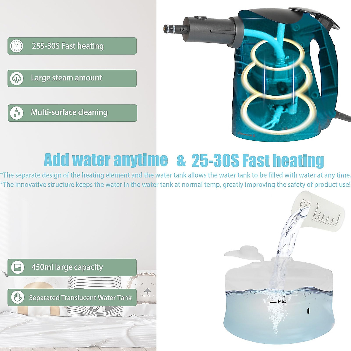 Vilucks Handheld Steam Cleaner, Upholstery Steamer for Cleaning, 25-30S Fast Heating Furniture Steam Cleaner, 12 in 1 Steamer for Home Use, Couch, Car, Sofa, Tile, Multi surface (Add Water at Anytime)