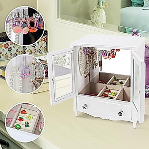 TIMLOG Jewelry Box with Makeup Mirror Wardrobe Style, Wooden Jewelry Box for Girls, Solid Jewelry Organizer, Wood Jewelry Case with Mirror for Necklaces, Earring, Rings, White