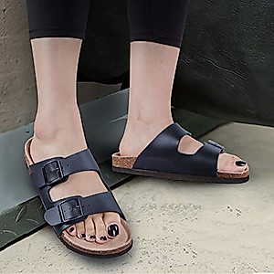 TF STAR Women 2-Strap Adjustable Buckle, Flat Casual Cork Slide Sandals,Slide Cork Footbed Sandals for Women/Ladies/Girls Navy