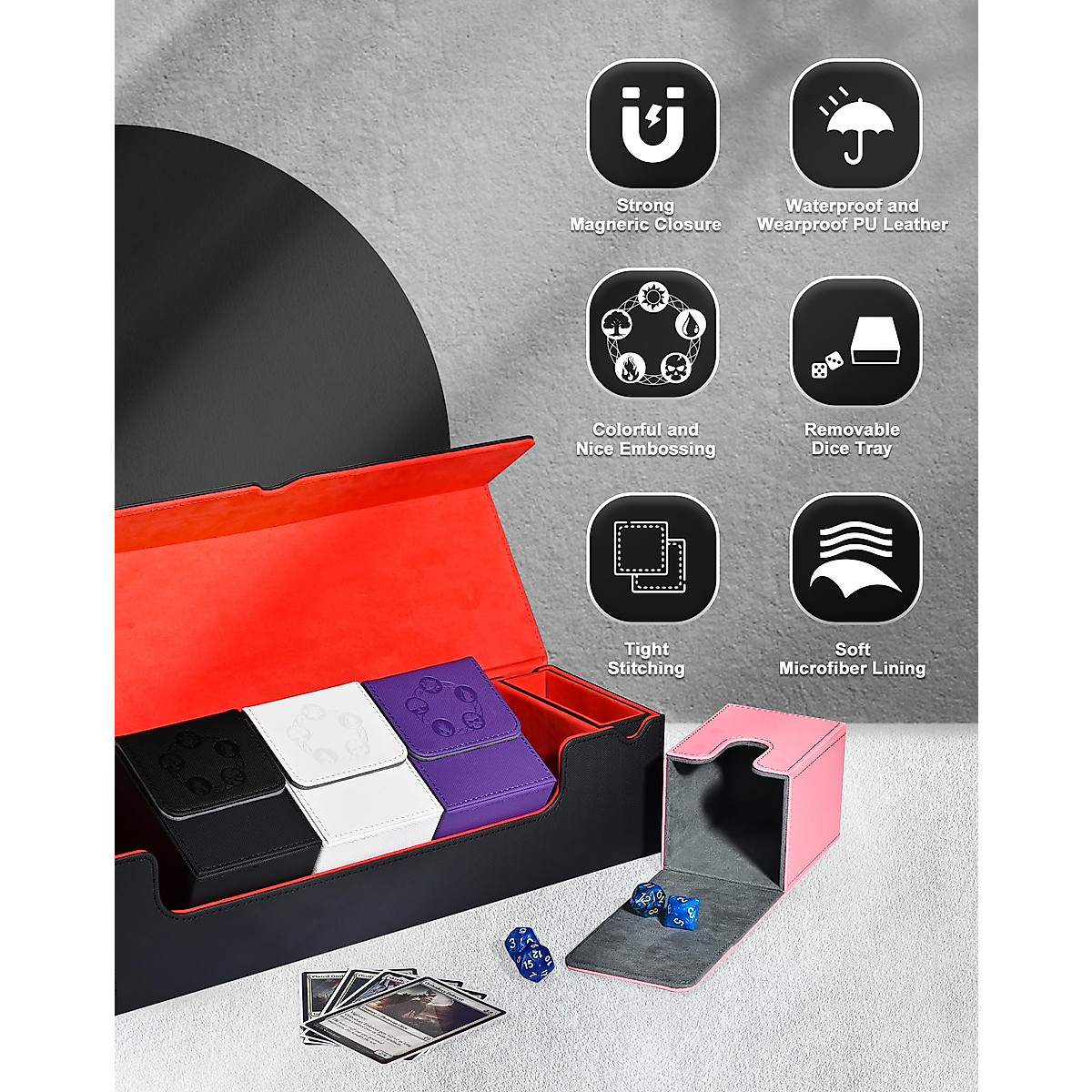 ZLCA Card Deck Box 5 In 1, Include 1600+ Premium Trading Card Storage Box with Dice Tray, and 4 PCS Card Deck Case for MTG, TCG, Sports Cards, Card Gaming Accessories Present Set (Black & Red Set)