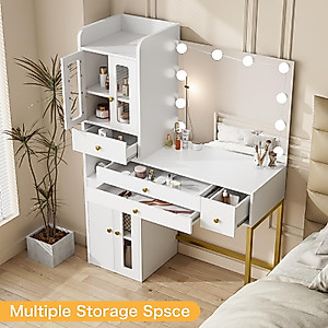 Vabches White Makeup Vanity Desk with Mirror and Lights, 3-Color Adjustable Light Vanity Table Set, Large Modern Makeup Table with Drawers, Vanity and Storage Cabinet 2-in-1 Design, Vanity Organizer