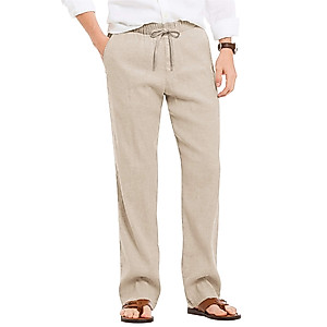 COOFANDY Men's Cotton Linen Baggy Pants Relaxed Fit Vacation Beach Trousers Khaki
