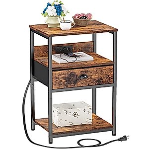 Furologee Nightstand with Charging Station, End Table with USB Ports&Power Outlets, 3-Tier Storage Shelf Tall Bedside Table, Industrial Side Table with Fabric Drawer for Bedroom/Living Room/Study