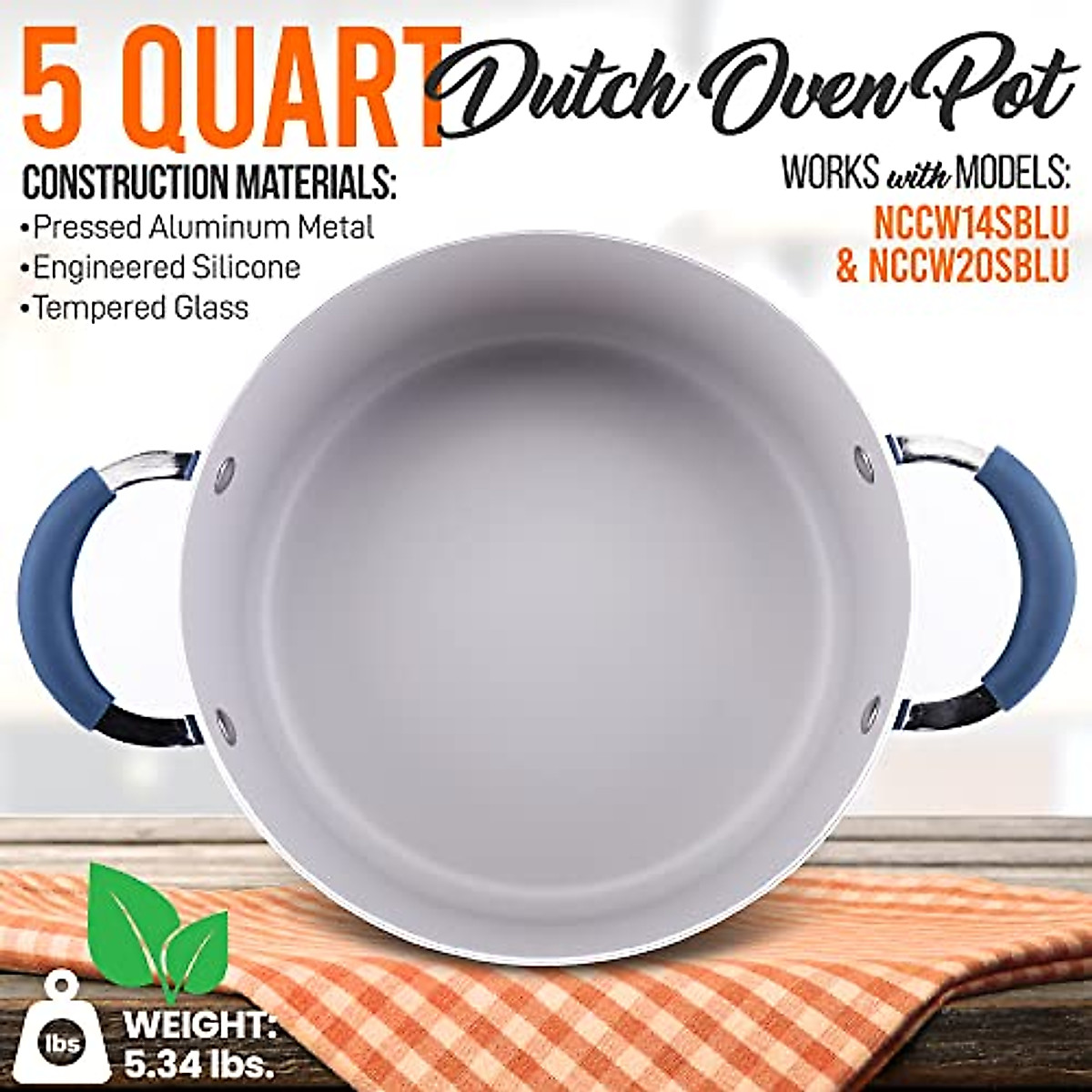 NutriChef Dutch Oven Pot with Lid - Non-Stick High-Qualified Kitchen Cookware with See-Through Tempered Glass Lids, 5 Quart (Works with Models: NCCW14SBLU & NCCW20SBLU) - NutriChef NCCW14SBLUDOP