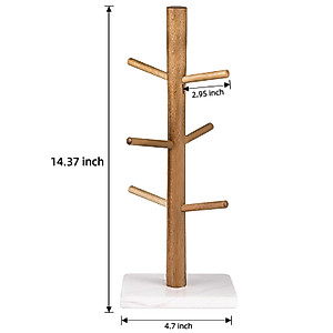 Buruis Wood Mug Holder, Marble Base Cup Rack Tree, Mug Stand Hanger, Kitchen Coffee Mug Tree Countertop Tea Cups Holder Stand, Coffee Cup Dryer with 6 Hooks