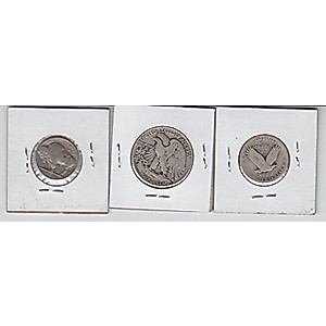3- Old Vintage Coins- Walking Liberty Silver Half dollar, Standing Liberty Silver Quarter and a Buffalo Nickel-Dates Varie Good
