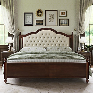 VanAcc Solid Wood King Bed Frame, Platform Bed with Upholstered Headboard, Luxury Beds with Wood Slat Support, Walnut
