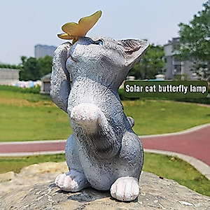 Notakia Cat Statues Butterfly Solar Light Garden Decor, Garden Cat Statue, Outdoor Resin Statue Animal Sculpture, cat with Butterfly Garden Statue Outdoor Decorative Landscape Lights Solar Powered