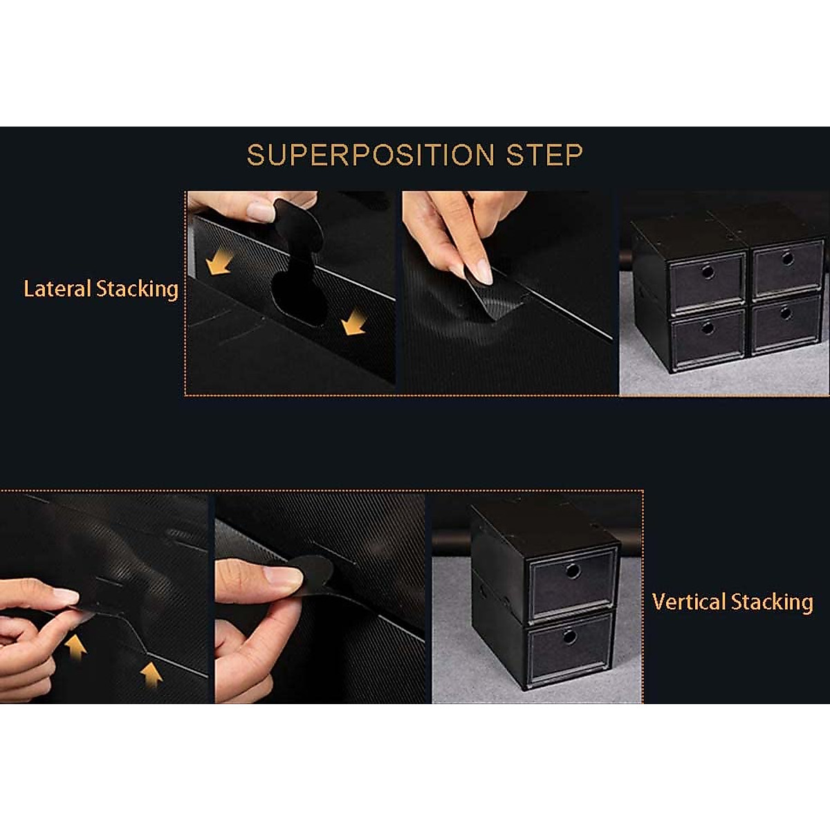 MUKIRAN HOME 12 Pack Shoe Storage Boxes, Shoe Box Clear Plastic Stackable, Drawer Type Front Opening Shoe Holder Containers (Black)