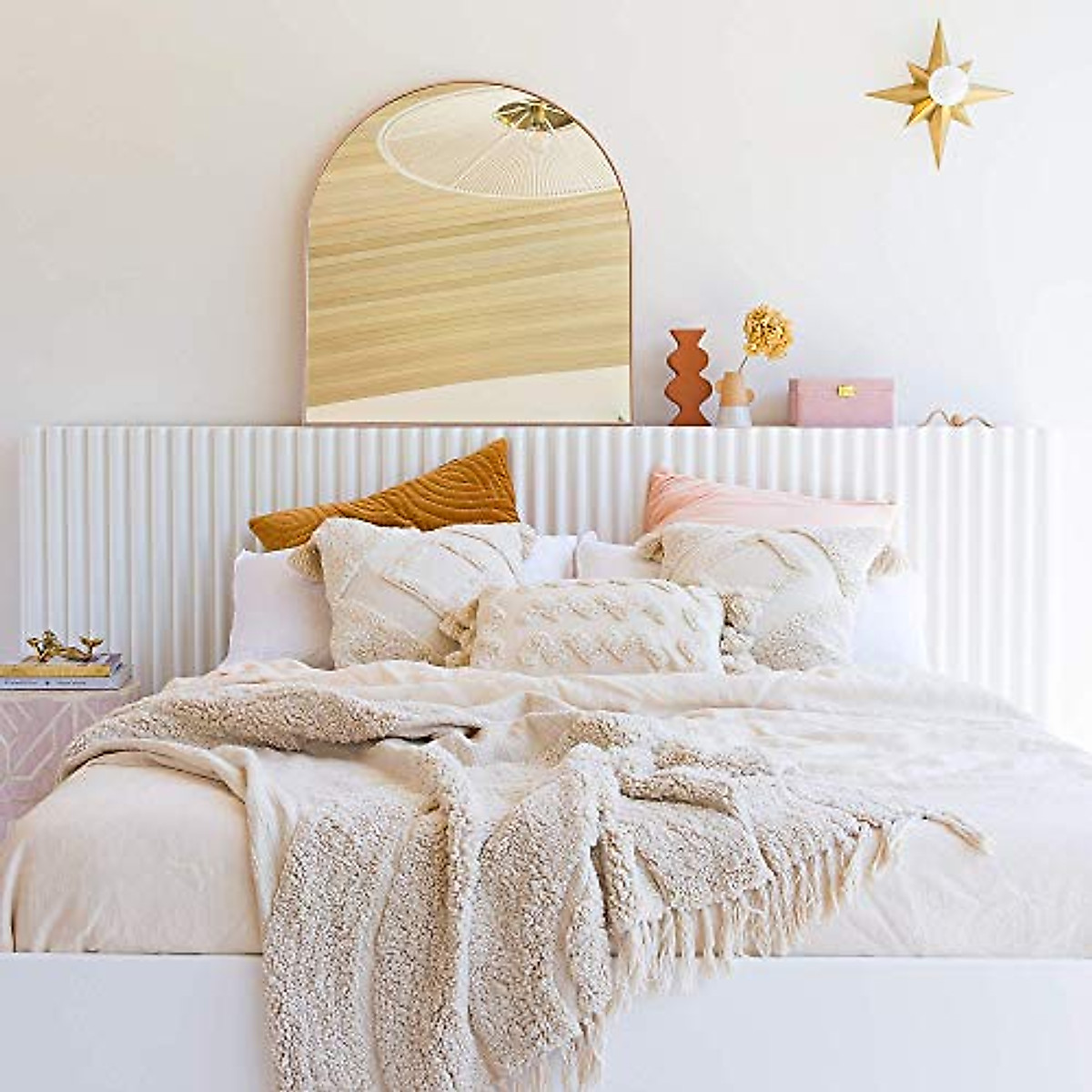 Banilla Throw Pillow Cover Bundle | Featuring a Pair of Hand Tufted Diamond Detailed 18" Pillow Covers & a 12x20 Lumbar Pillow with Chunky Tassels | Natural White