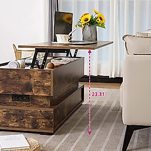 WEENFON LED Coffee Table, Smart Coffee Table with Charging Station, Lift Top, 21 Colors Change, 2 Tiers Modern Tea Table with Storage, Living Room Furniture, Rectangle Design, Rustic Brown