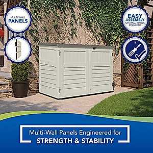 Suncast 5. 4 ft. x 3. 2 ft Horizontal Stow-Away Storage Shed - Natural Wood-Like Outdoor Storage for Trash Cans and Yard Tools & iPower 7 Inch Shutter Exhaust Fan Aluminum, 1680 RPM, 760 CFM, Silver
