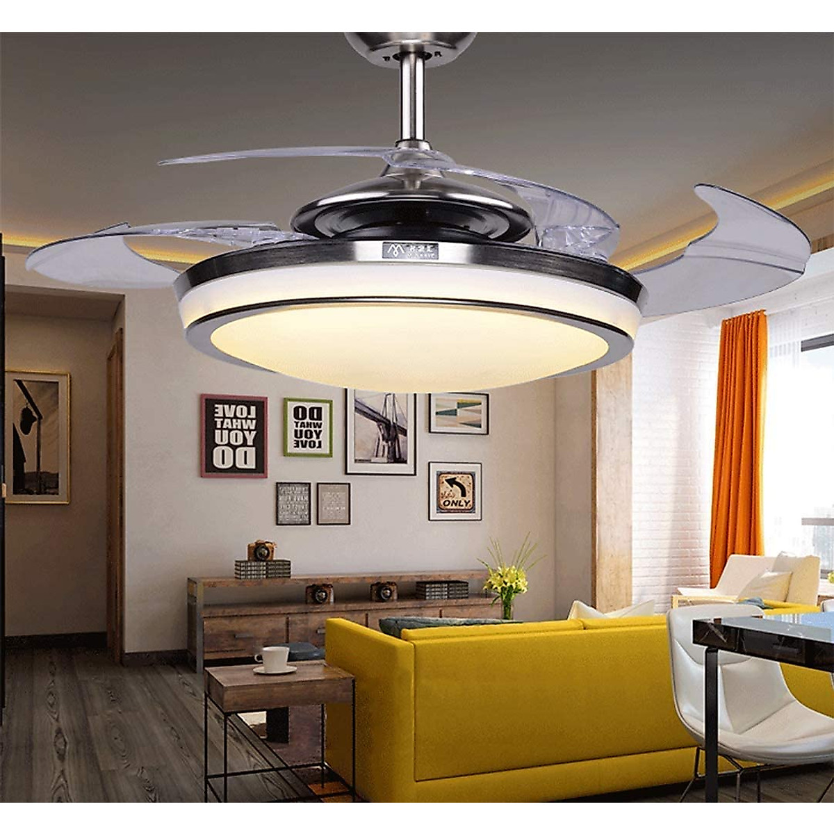 Fandian 44" Modern Ceiling Fan with Lights Remote Control Chandelier Fixture, 3 Lighting Changes Retractable Fandelier for Living Room Bedroom, Brush Chrome with Silent Motor