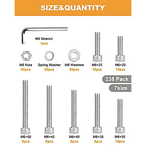VIGRUE 238PCS M6-1.0 x 20/25/30/35/40/45/50mm Hex Socket Head Cap Screws, Stainless Steel 304 Allen Head Bolts Nuts Kit, Full UNC Thread
