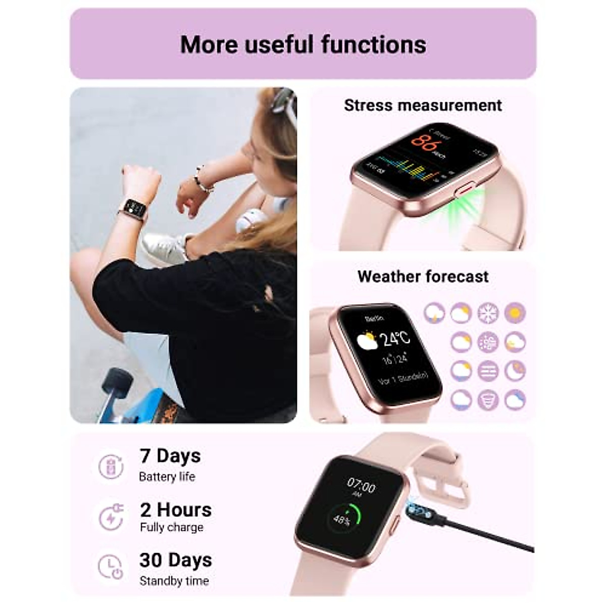 Smart Watch for Men Women(Call Receive/Dial), Alexa Built-in, 1.7" Touch Screen Fitness Tracker with Heart Rate Sleep Tracking, 60 Sports Modes, 5ATM Waterproof Smartwatch for Android iPhone, Pink