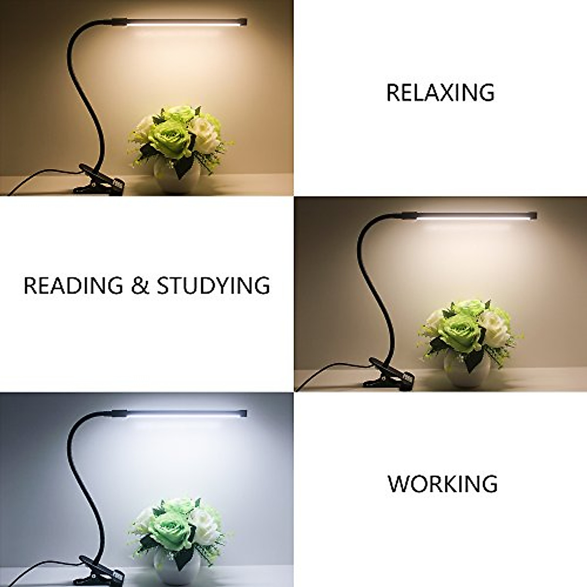 LED Desk Lamp Dimmable Eye Care Reading Light 3 Color Changing 10-Level Brightness Mental Flex Clamp Lamp Clip On Light LED Table Light (Black)