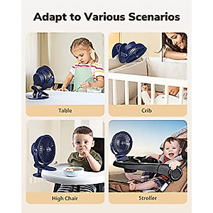 CAFELE Stroller Clip on Fan, 【Ultra Quiet】 Rechargeable Battery Operated Personal Fan Strong Airflow, 4 Speeds Max 24Hrs 6-inch Small Portable Fan for Bed Desk Car Seat White Blue