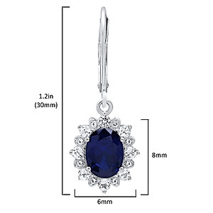 Parade of Jewels 925 Sterling Silver Halo Sunburst Created Blue Sapphire Oval Dangle Earrings for Women | 8x6mm September Birthstone with Leverback White Topaz Accent Stones