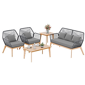 Kullavik Outdoor Patio Furniture Set,5 Pieces Indoor Rope Woven Sectional Sofa Set Modern Oak Patio Conversation Sets with Wooden Table for Balcony,Porch or Backyard,Grey