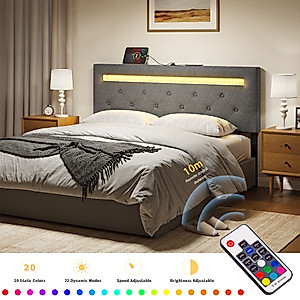 HAUSOURCE Headboards for Queen Size Bed with LED Light & USB Post Upholstered Queen Headboard with Adjustable Height Linen Fabric Padded Headboard for Queen Size Bed Mordern Head Board for Bedroom