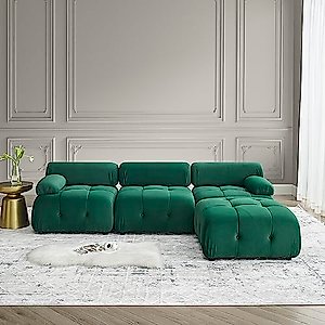 ERYE DIY Combination w/3 Single Seats and Movable Ottoman, Modern Convertible Modular Sofa & Couch Cloud Deep Seater Sofá, 93", Green Velvet Button Tufted