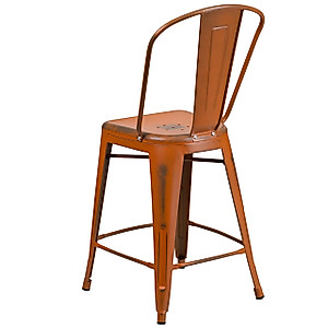 Merrick Lane Sabine 24" Indoor-Outdoor Counter Stool - Metal Stool with Distressed Orange Finish - Vertical Slat Back - Integrated Footrest