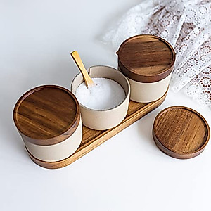ISABETTA 3 Pcs Sugar Bowls Ceramic Condiment Pots，Ceramic spice jar，Ceramic Seasoning Jar with Wooden Lid Spoon and Tray for Home and Kitchen