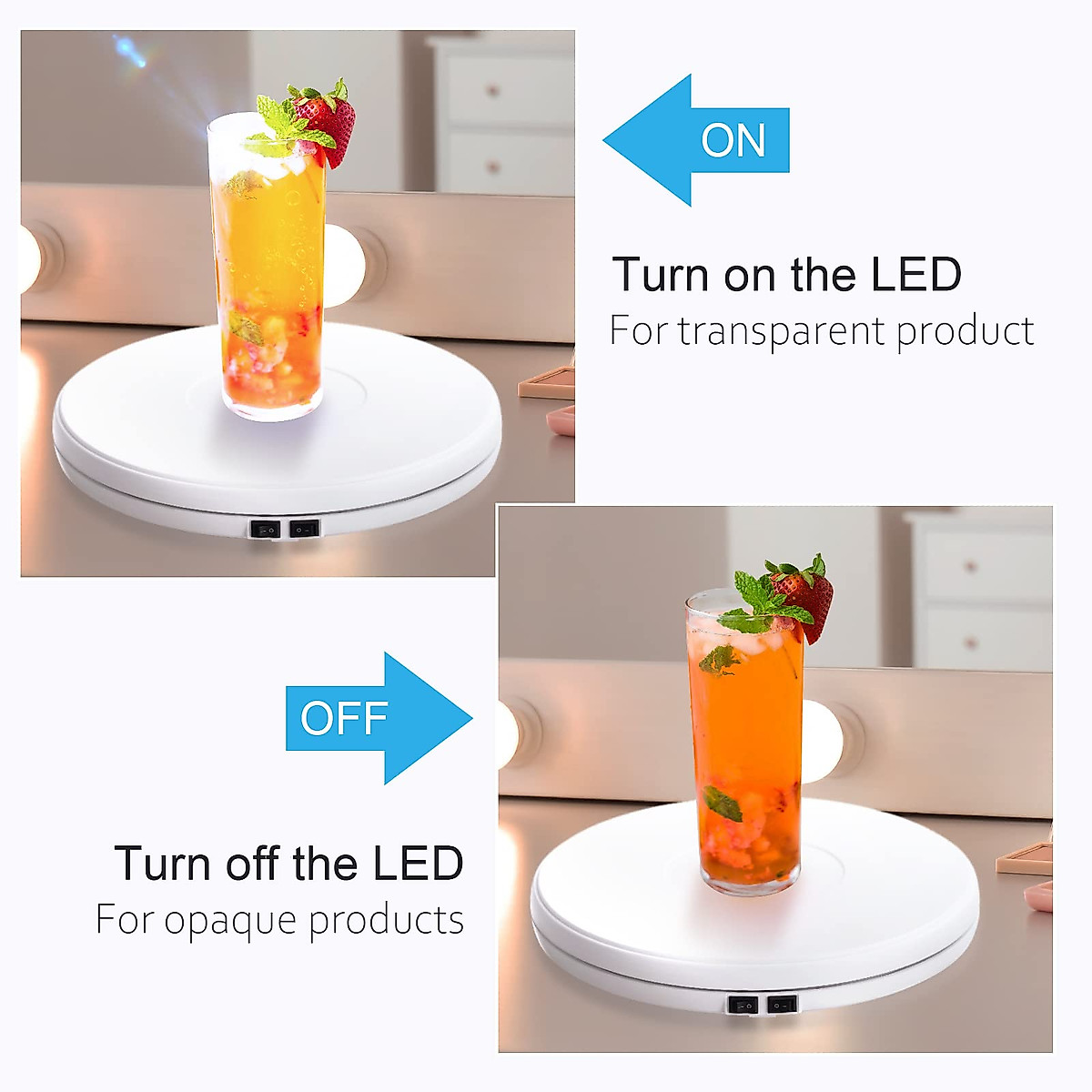 White Electric 10 Inch Rotating Turntable Display Stand with Led 44 lb Centric Loading for Table 360 Degree Motorized Tumbler Display Stand for Jewelry Photography