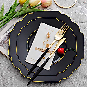 supernal 60pcs Black Plastic Plates,Black and Gold Plates Baroque,Gold Plates Plastic,Include 30 Plastic Dinner Plates,30 Appetizer Plates,Suit For Party, Birthday, Wedding, Easter and Monther's Day