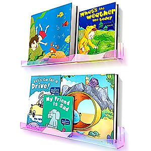 YMVV 15 inches Rainbow Iridescent Acrylic Floating Bookshelves, Clear Holographic Wall Mounted Shelf 2 Packs, Kids Room Wall Bookshelves Display Book Shelf