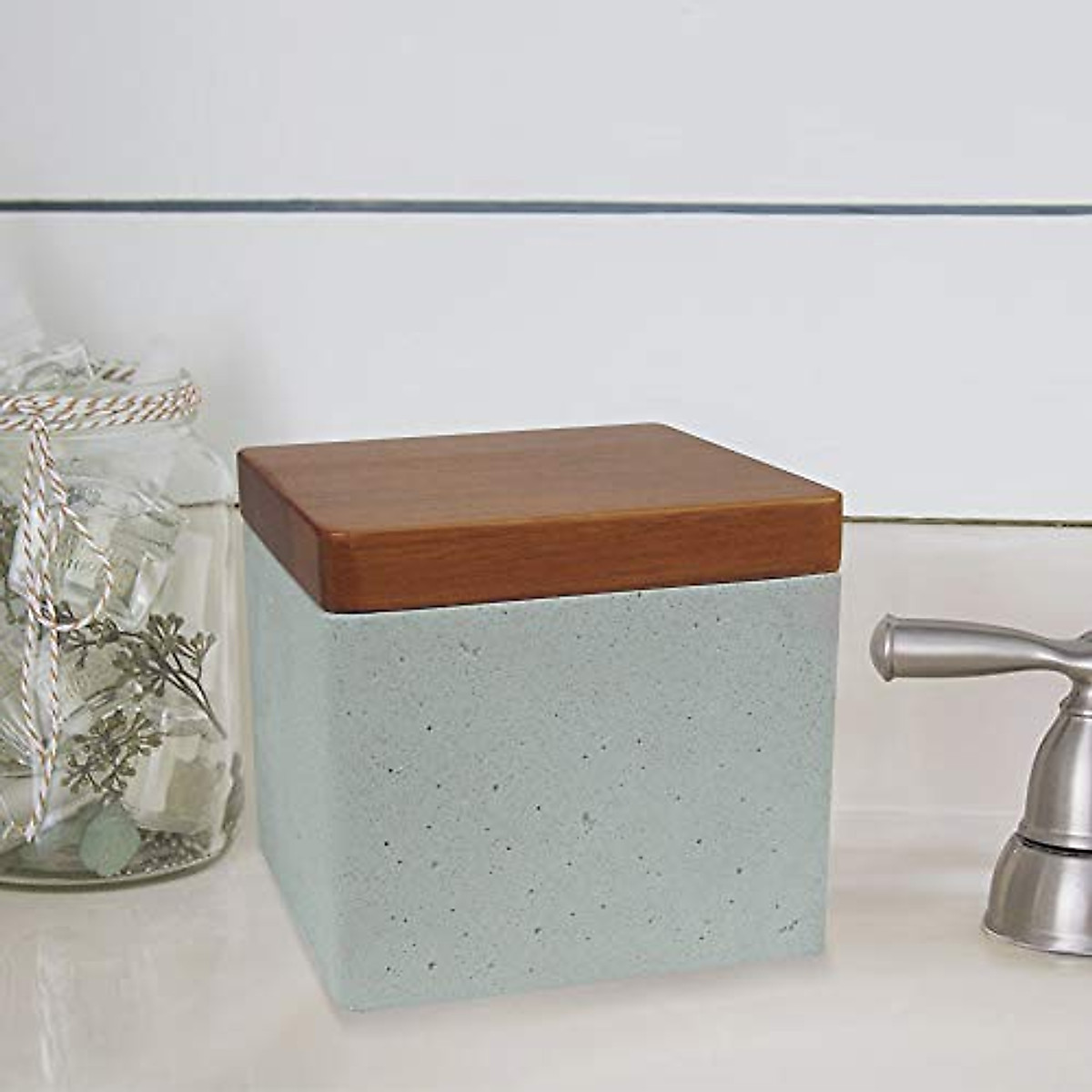 nu steel Concete Bathroom Q-tip Holder & Jar in Real Cement and Wood for Bathrooms & Vanity Spaces
