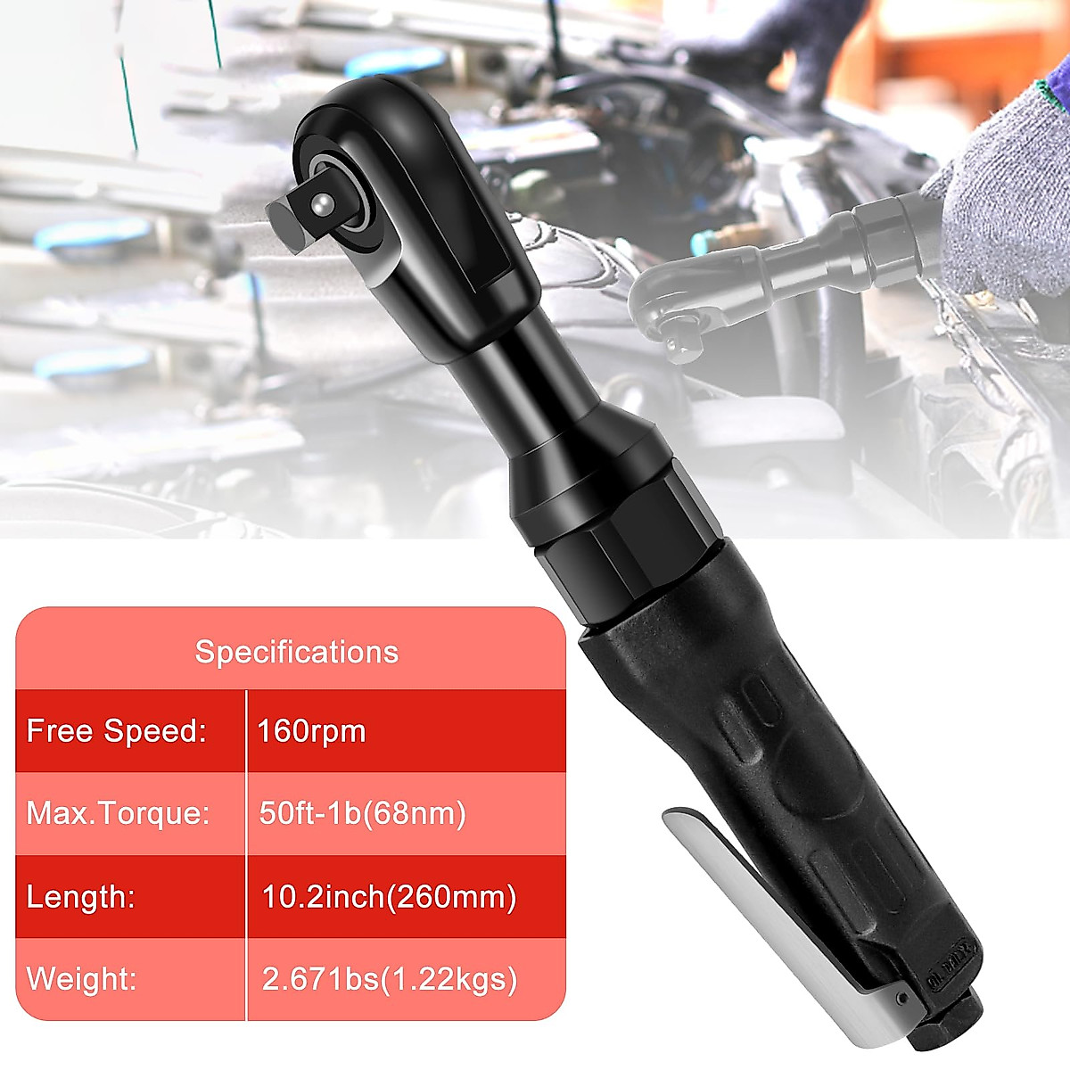 Aflybltol 1/2" Air Ratchet Wrench Set, 50 Ft-Lbs, 160 RPM,Side Exhaust Hole, Professional Pneumatic Wrench for Mechanical Maintenance, Automotive Industry