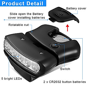 Honoson 4 Pieces Hat Light Clip-on Cap Light Hat Flashlight 5-LED Cap Headlamp Rotatable Lamp LED Cap Light for Hunting Camping Running Fishing with 10 Pieces Extra Batteries