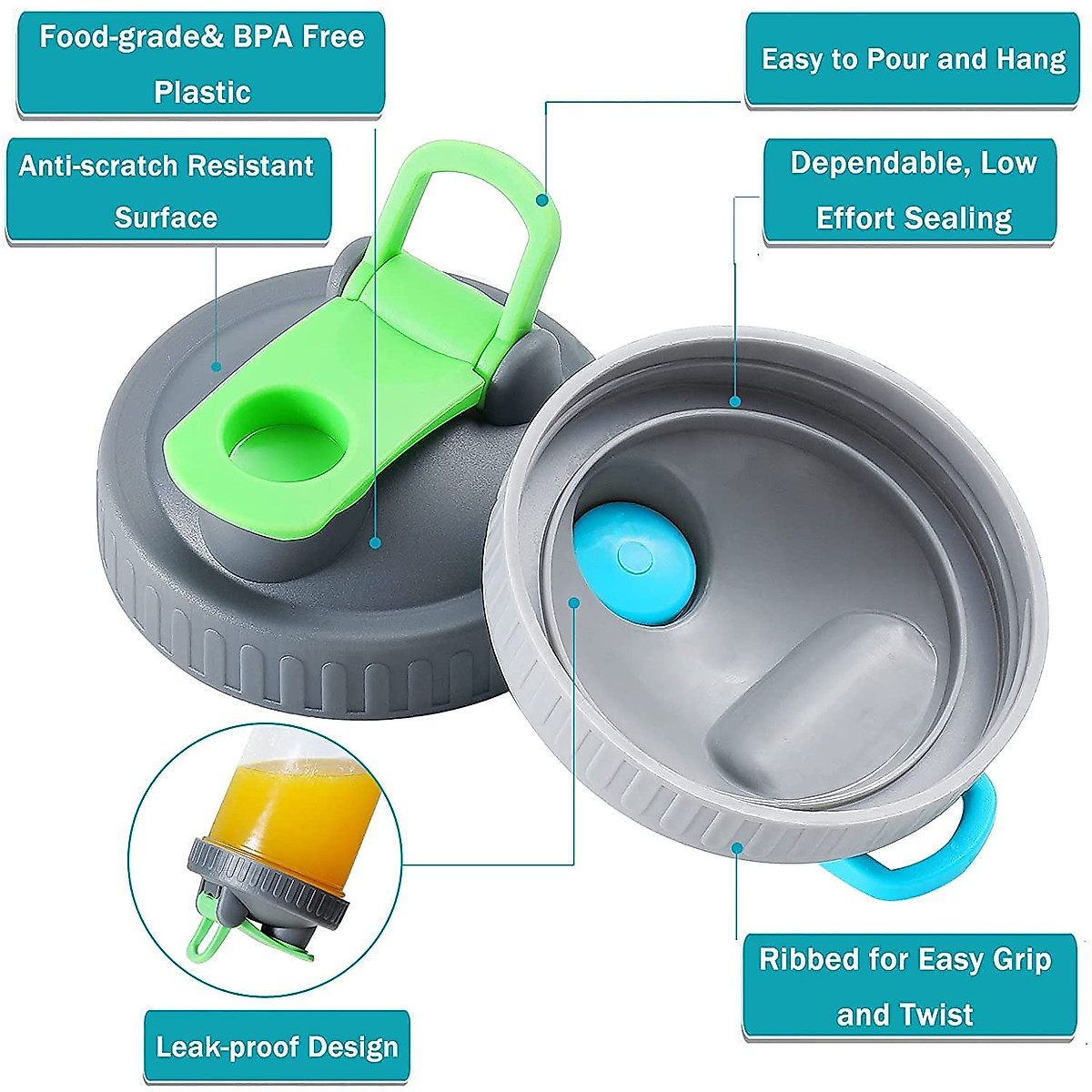 6pcs Regular Mouth Flip Cap Lids for Ball Mason Jar, Leak-free and Airtight, Easy Pouring Spout (Jars Not Included)