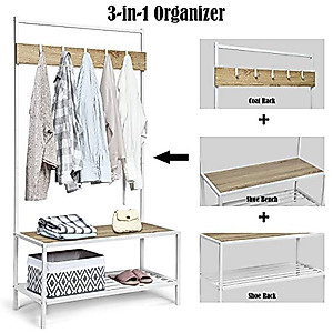 Tangkula Hall Tree with Bench and Shoe Storage, 3-In-1 Industrial Entryway Bench with Coat Rack, Wood Look Coat Rack Shoes Bench Storage Organizer for Home & Office, Coats/Hats/Shoes (Coffee)