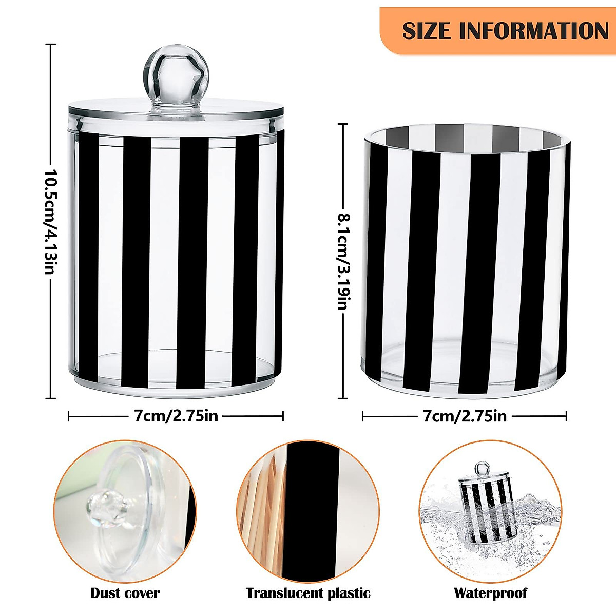 2 Pack Qtip Dispenser Apothecary Jars Bathroom Organizer, White and Black Striped Qtip Holder Storage Canister Plastic Acrylic Jar for Cotton Ball/Swab/Rounds