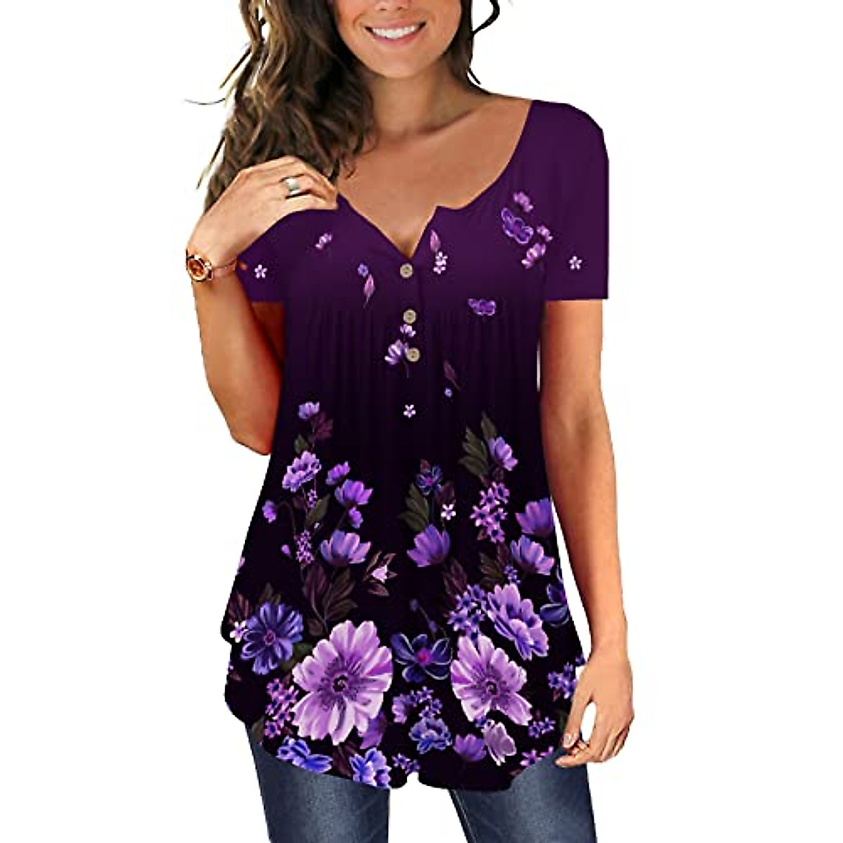 Plus Size Womens Tunic Tops To Wear With Leggings Summer Short Sleeve Henley Shirts Casual Ruffles Button Up Blouses Purple Print 3XL