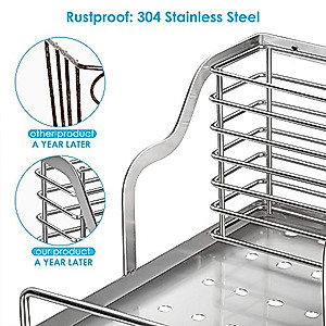 Nieifi Sink Caddy Organizer Sponge Soap Brush Holder with Drain Pan Stainless Steel for Kitchen