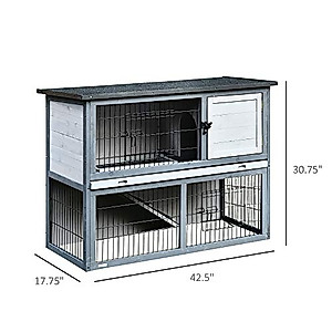PawHut 43" L Wooden Rabbit Hutch Bunny Cage Small Animal House Enclosure with Ramp, Removable Tray and Weatherproof Roof for Outdoor, Grey