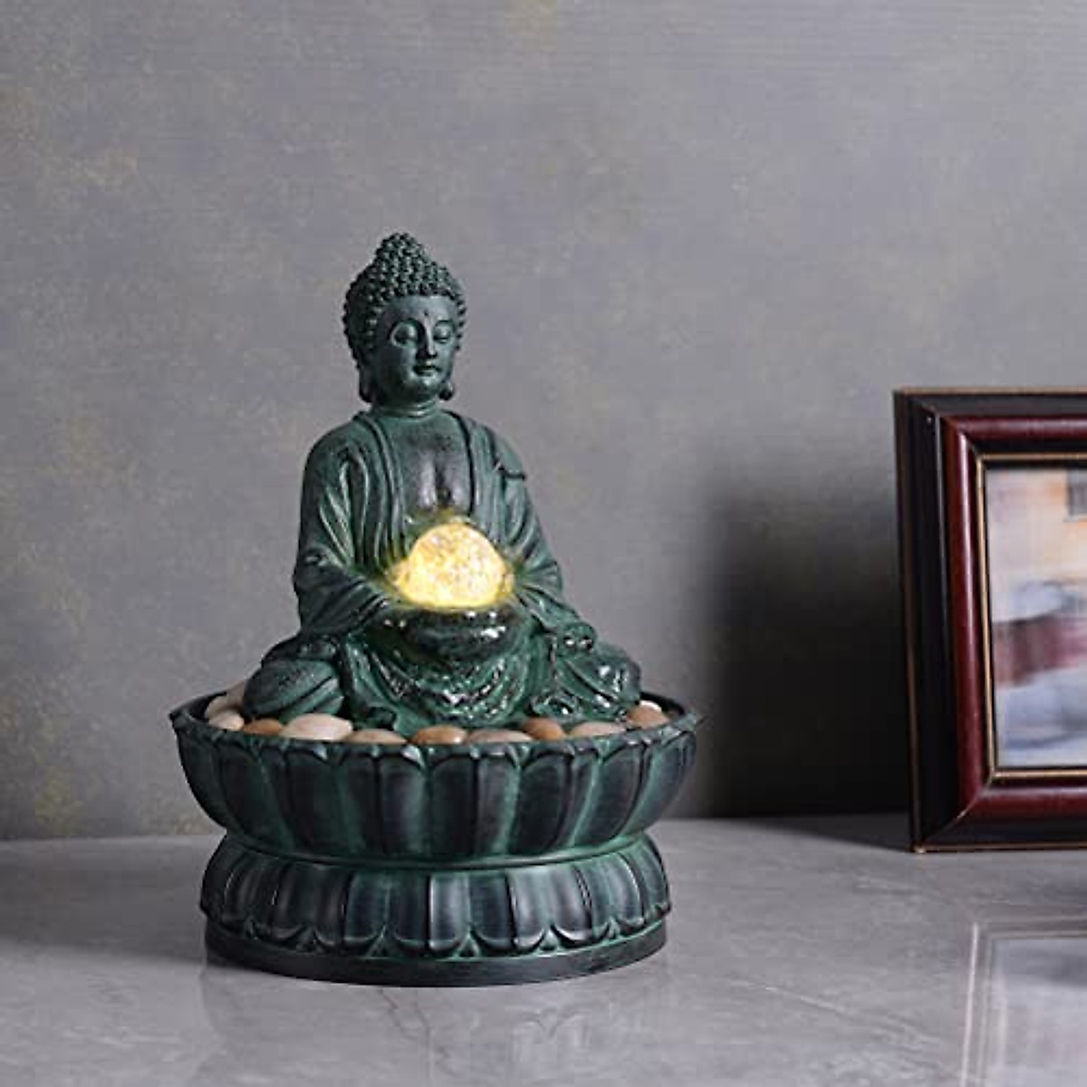 Haobos Indoor Tabletop Fountain Exquisite Sitting Buddha Fountains Meditation Desk Water Fountain Decorative Zen Fountain w/Glass Rolling Ball/LED/Stone Office and Home Decor 9.4" (21127A)