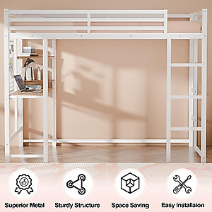Twin Size Loft Bed with Desk and Shelves, Metal Loft Bed Frame with Metal Grid & Safety Guardrails & 2 Ladders, Space Saving Loft Beds for Kids, Teens, Adults, No Noise, No Box Spring Needed, White
