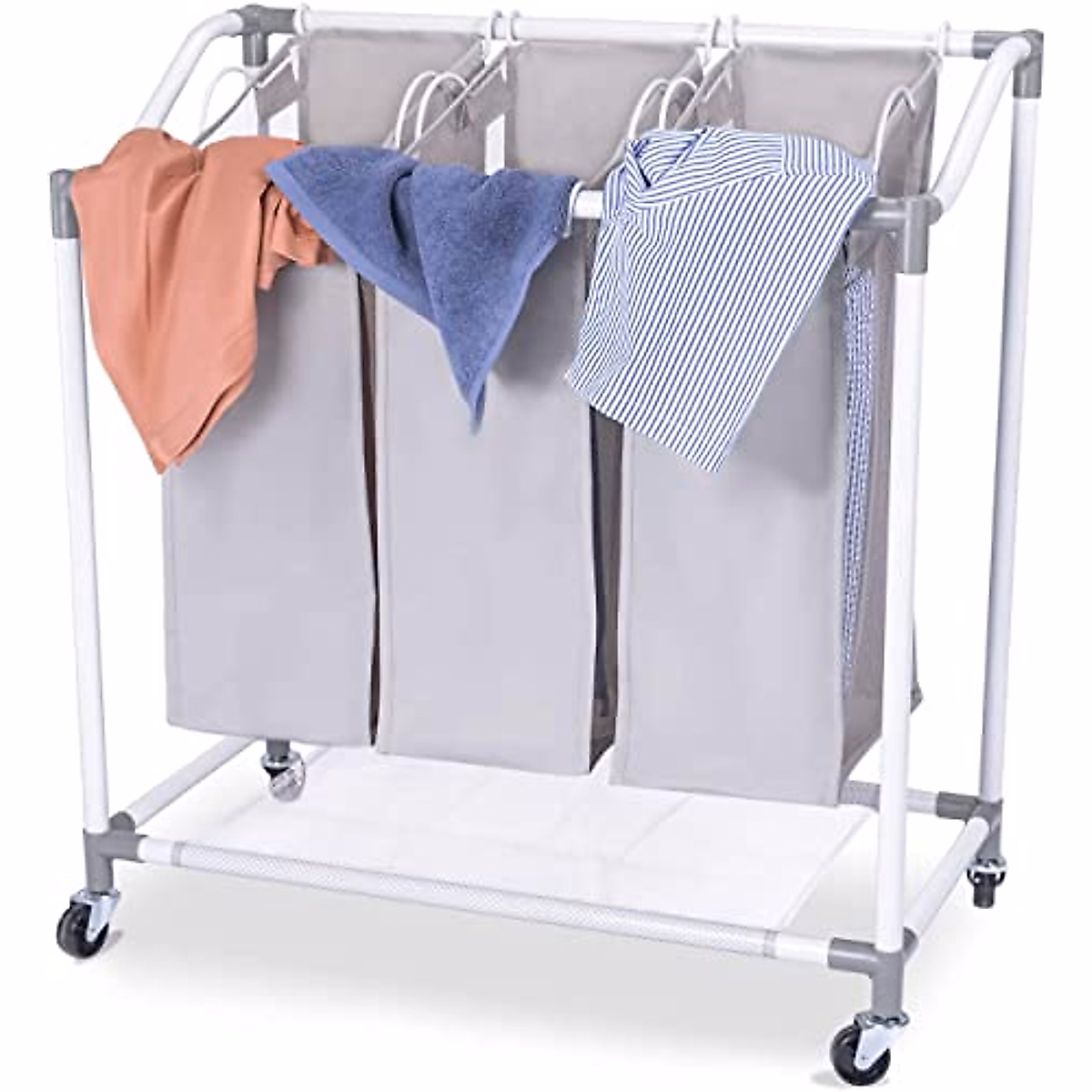 Laundry Basket with Wheels, Laundry Hamper 3 Section Removable Hampers for Laundry Organization and Storage, Metal Frame Cart with 90lbs Capacity, Mesh Sided Foldable Bags, No-Screw Simple Assembled