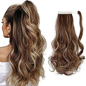FELENDY 18" 20" 22" 24" Ponytail Extension Curly Wavy Straight Drawstring Hairpiece Wrap Around Long Synthetic Hair for Women(Ash Blonde Mix Light Brown)
