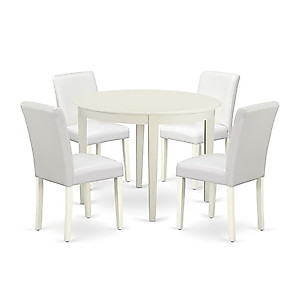 East West Furniture BOAB5-LWH-64 5 Piece Dining Table Set for 4 Includes a Round Kitchen Table and 4 White Faux Leather Upholstered Parson Chairs, 42x42 Inch, Linen White