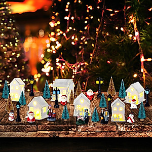 Liliful 36 Pcs Christmas Village Sets White Christmas Village Lighted LED Christmas Village Houses with Figurines Xmas Trees People Villager Snowman Elk Lamp Xmas Scene Figurines Decoration