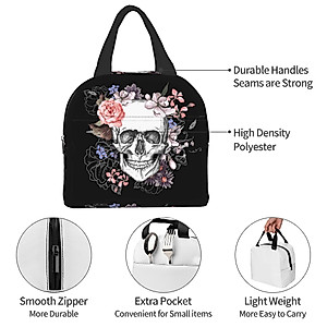PATNPRT Halloween Black Sugar Skull Lunch Bag Insulated Lunch Box with Front Pocket Reusable Tore Bag For Office Work Picnic Travel Shopping