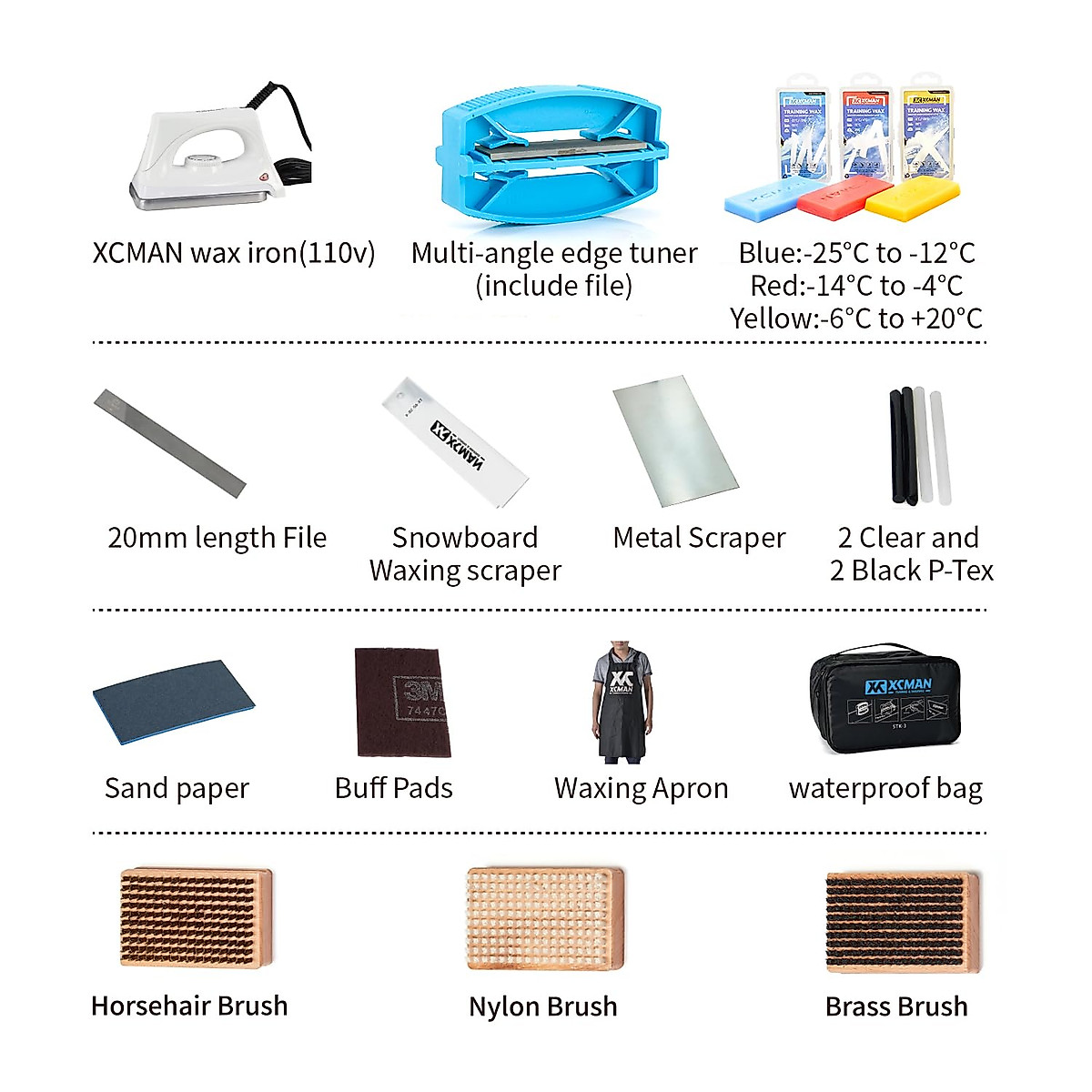 XCMAN Complete Ski Snowboard Tuning and Waxing Kit with Waxing Iron,Ski Training Wax,Edge Tuner,Ptex,Ski Waxing Brush,Waxing Scraper