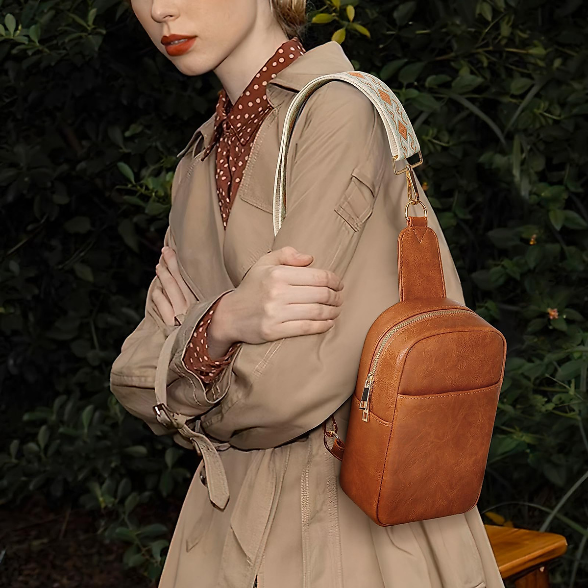 MoKo Vegan Leather Sling Bag - Small Trendy Casual Adjustable Detachable Shoulder Strap Crossbody Bags for Women and Men Daily Hiking Travel, Brown